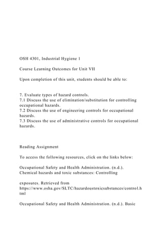 OSH 4301, Industrial Hygiene 1 Course Learning Outc.docx | First Aid ...