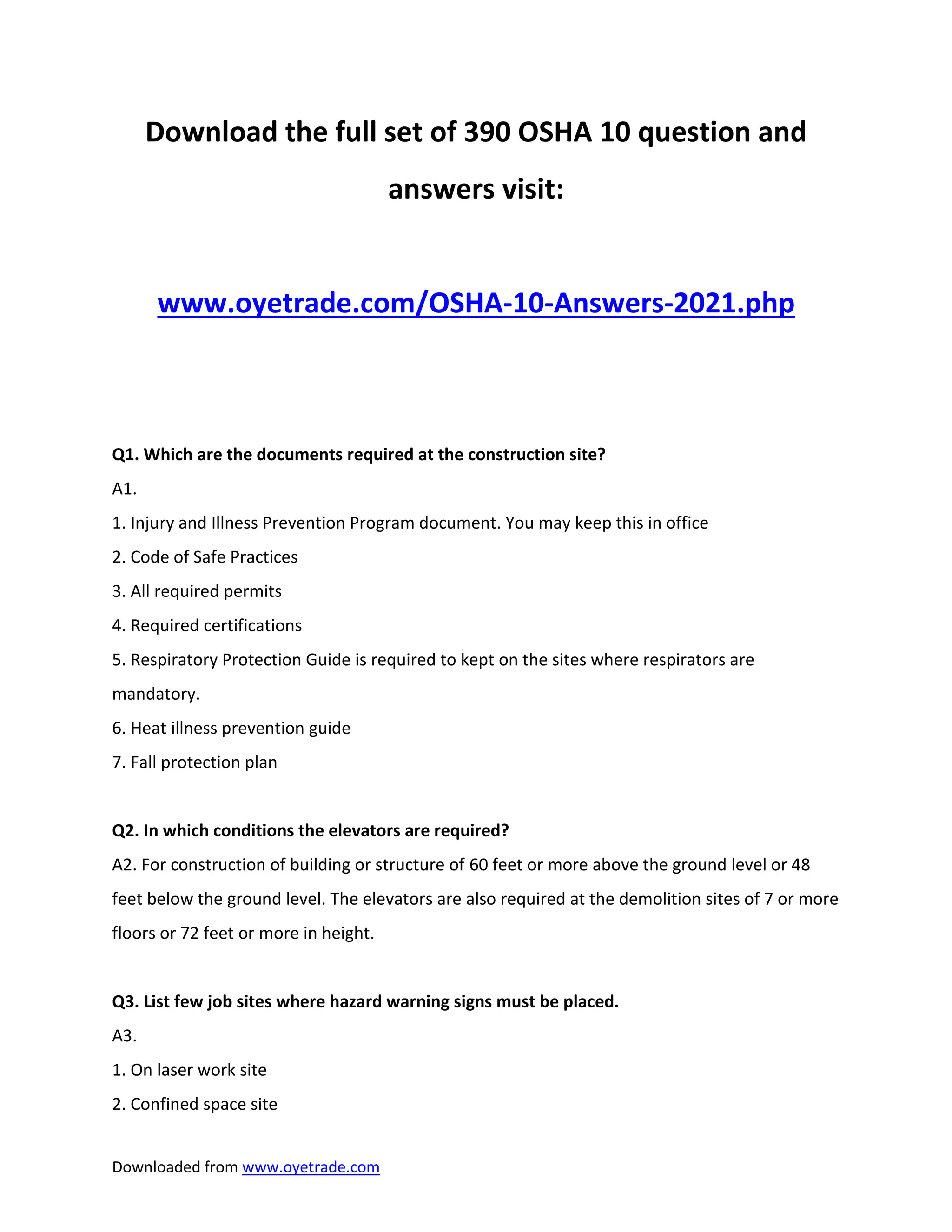 Download the Latest OSHA 10 Answers PDF : oyetrade.com