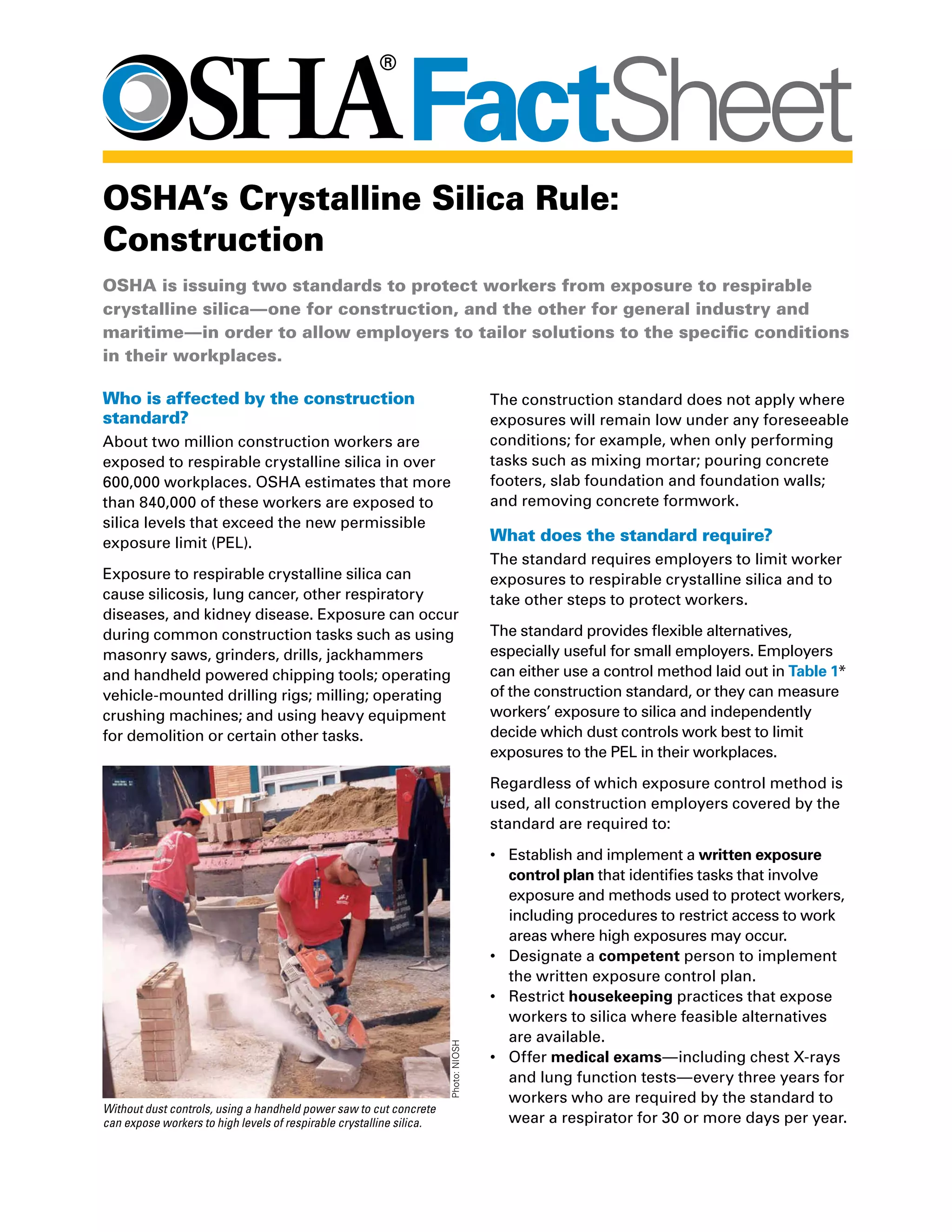 OSHA Fact Sheet: OSHA's Crystalline Silica Rule: Construction | PDF