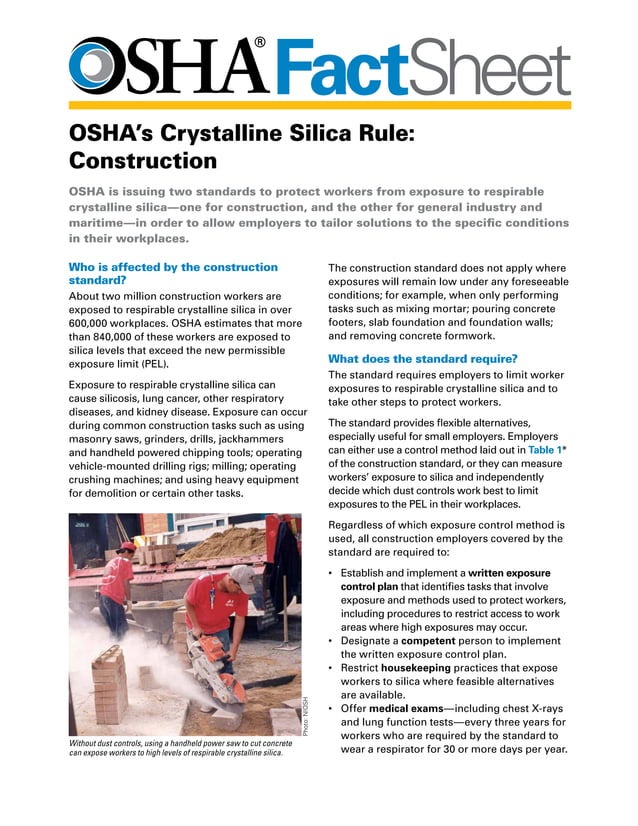 OSHA Fact Sheet: OSHA's Crystalline Silica Rule: Construction | PDF