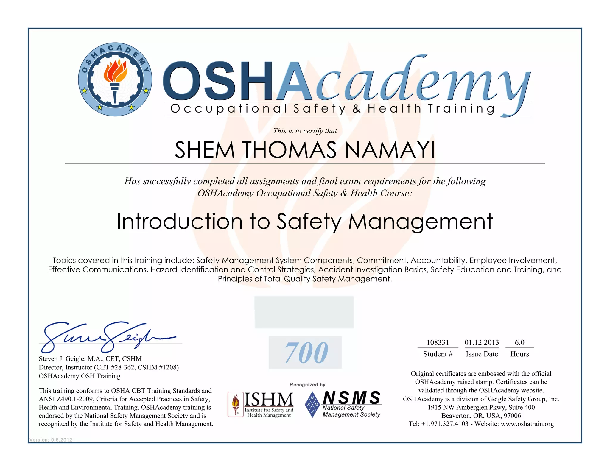 Osha certificate | PDF | Medical Health