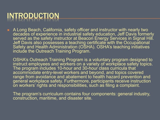 OSHA Promotes Workplace Safety through Outreach Training Program | PPT