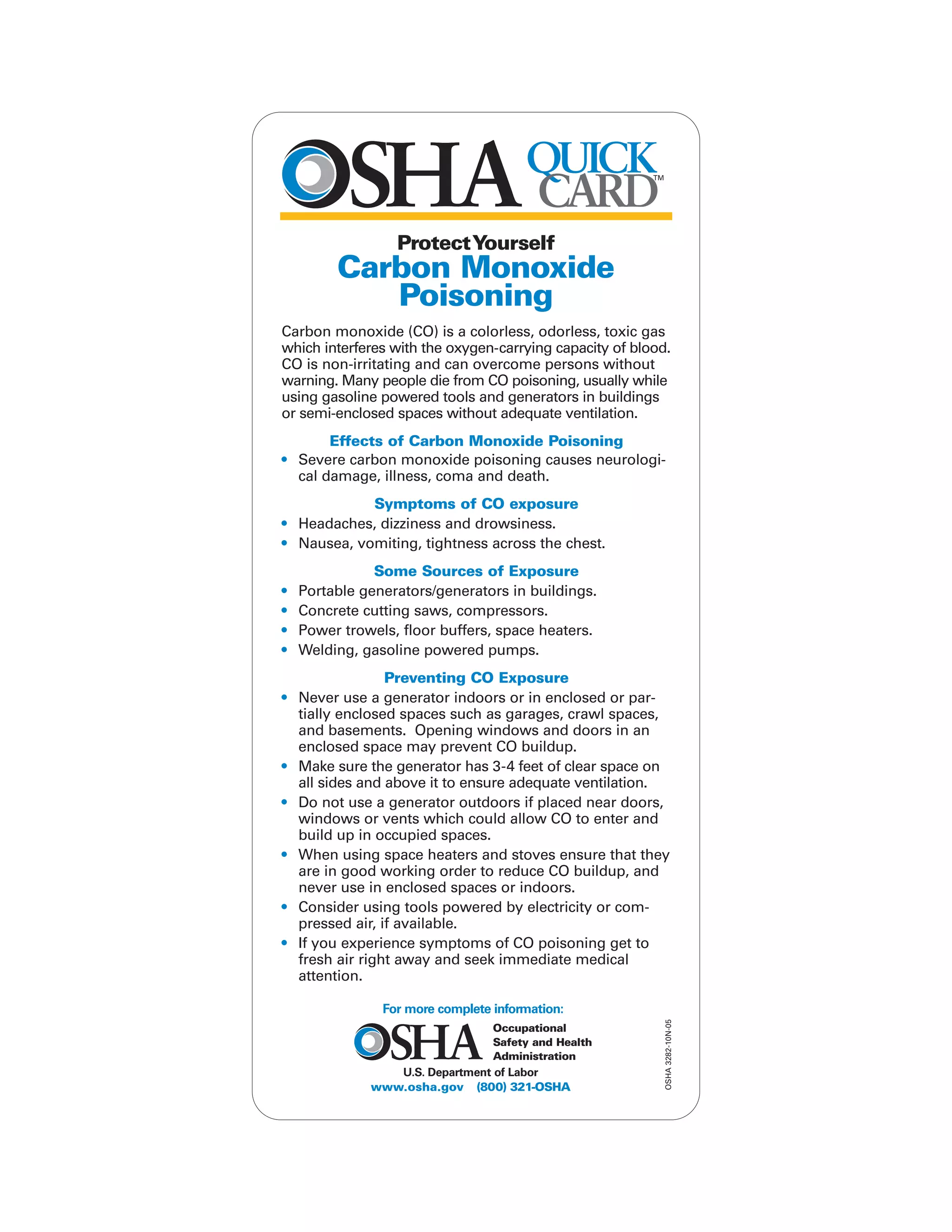 OSHA Quick Card: CO Poisoning | PDF