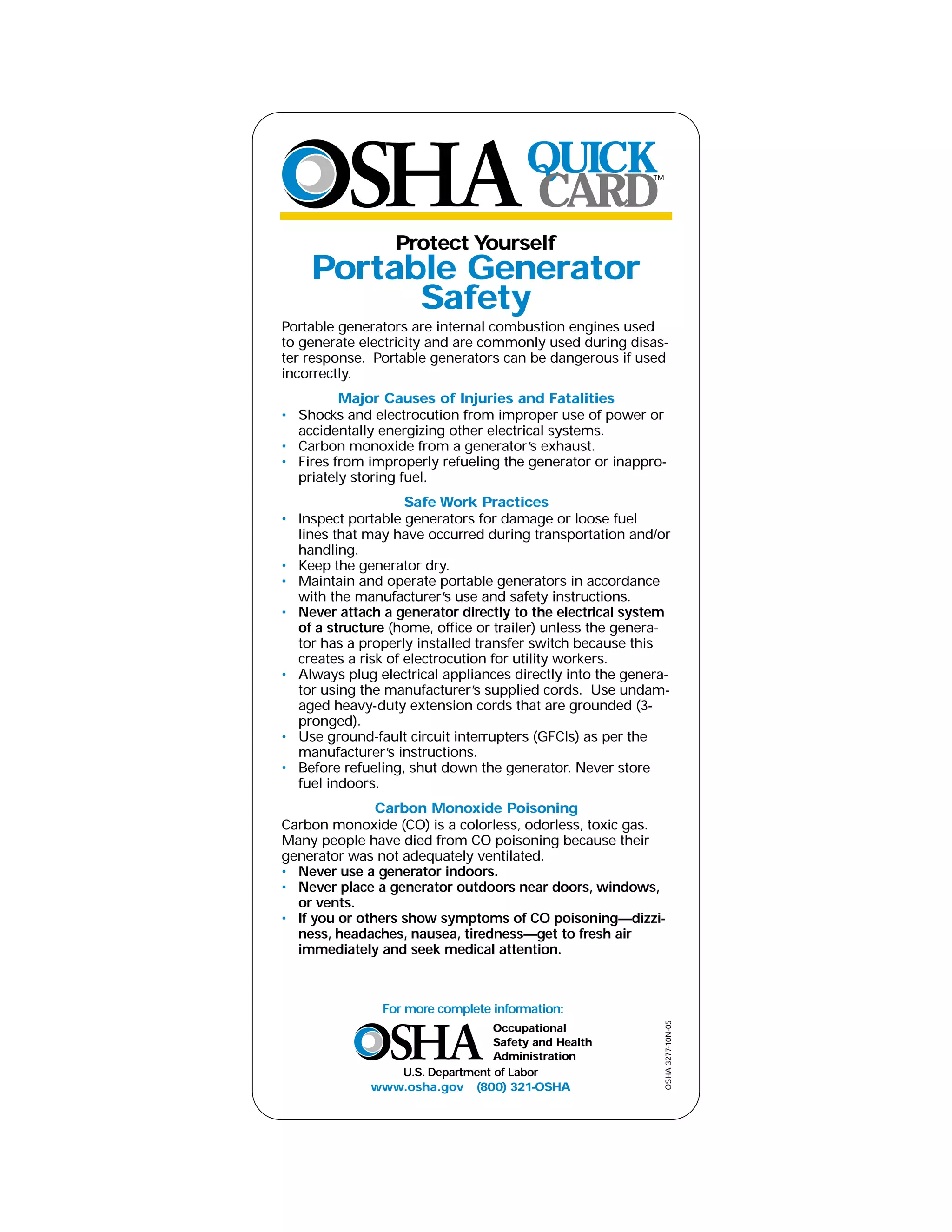 OSHA Quick Card: Portable Generator Safety | PDF