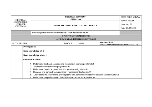 os lesson plan.docx | Operating Systems | Computer Software and Applications