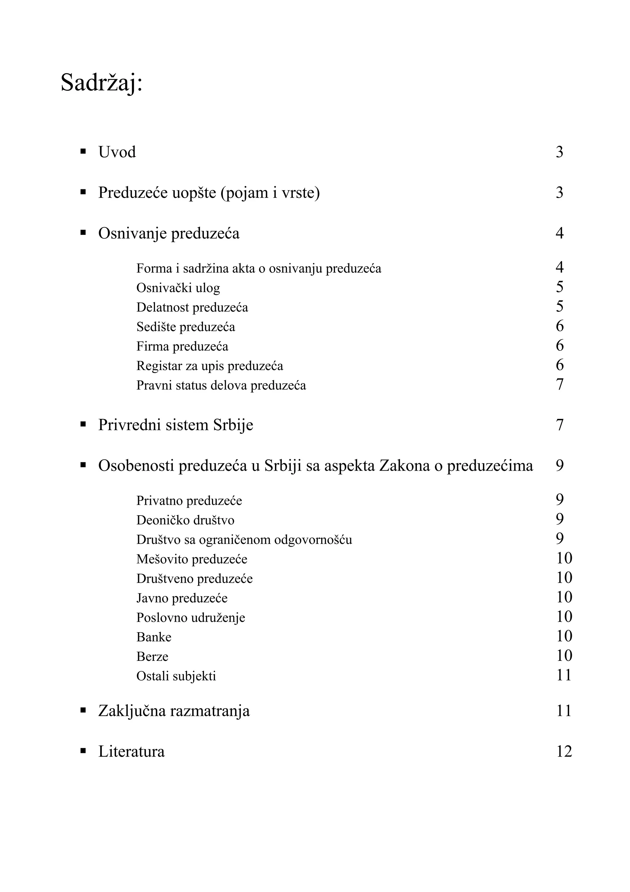Osnivanje preduzeca u privrednom sistemu rs sa osvrtom na osnovne odredbe zakona o preduzecima | DOC