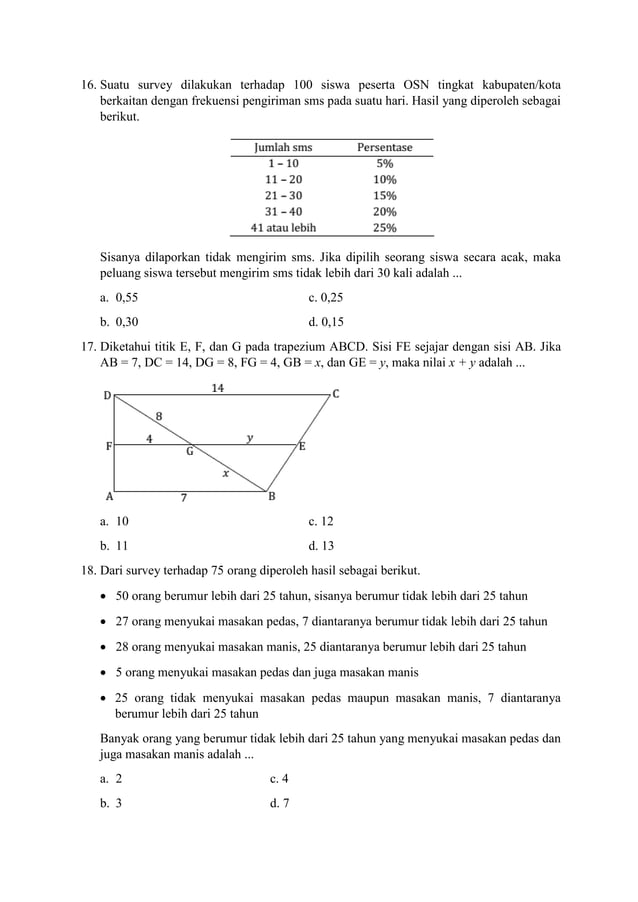 Soal Osn Matematika smp tingkat kabupaten/kota tahun 2014 | PDF