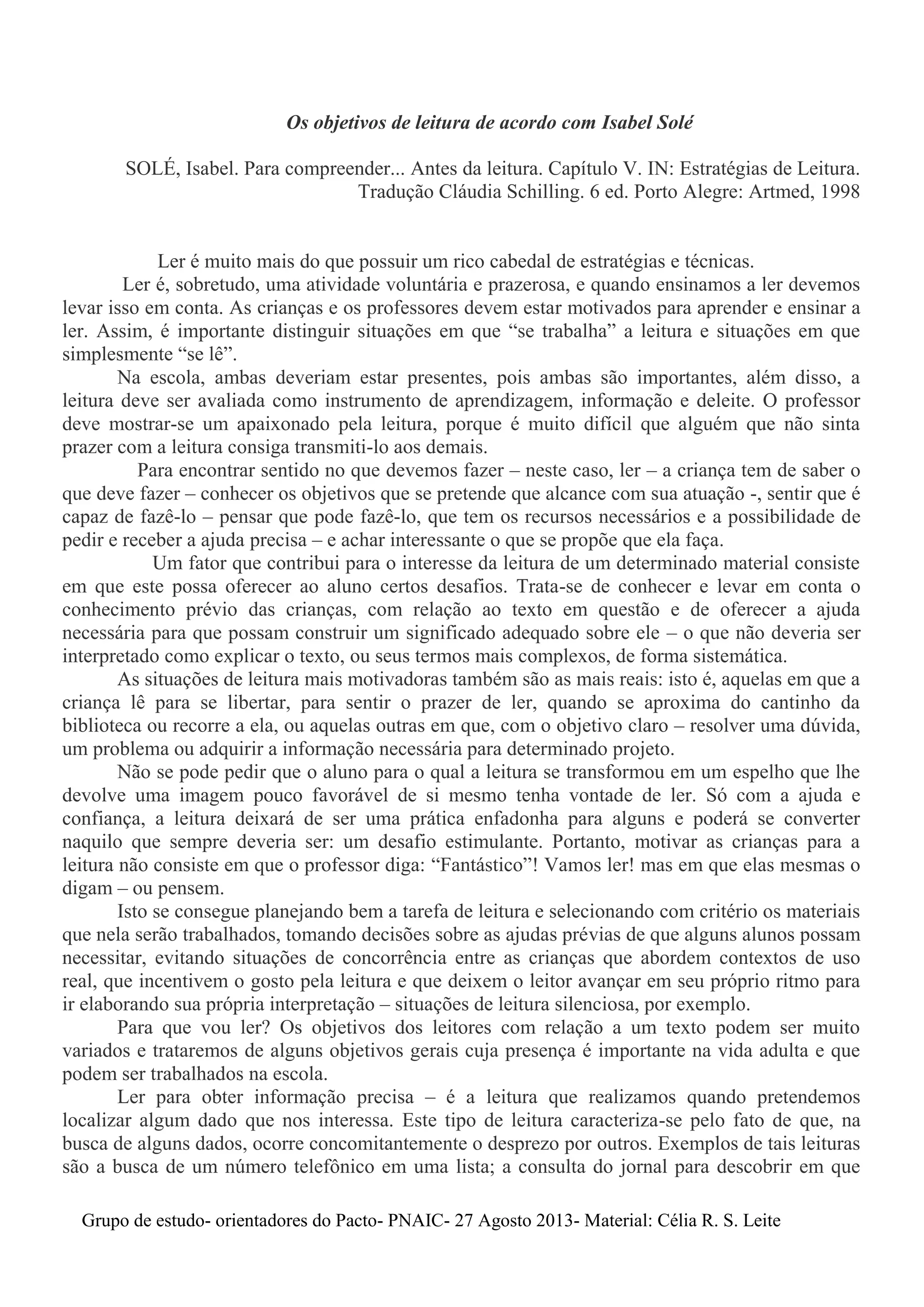 Objetivos de Leitura de acordo com Isabel Solé | DOCX