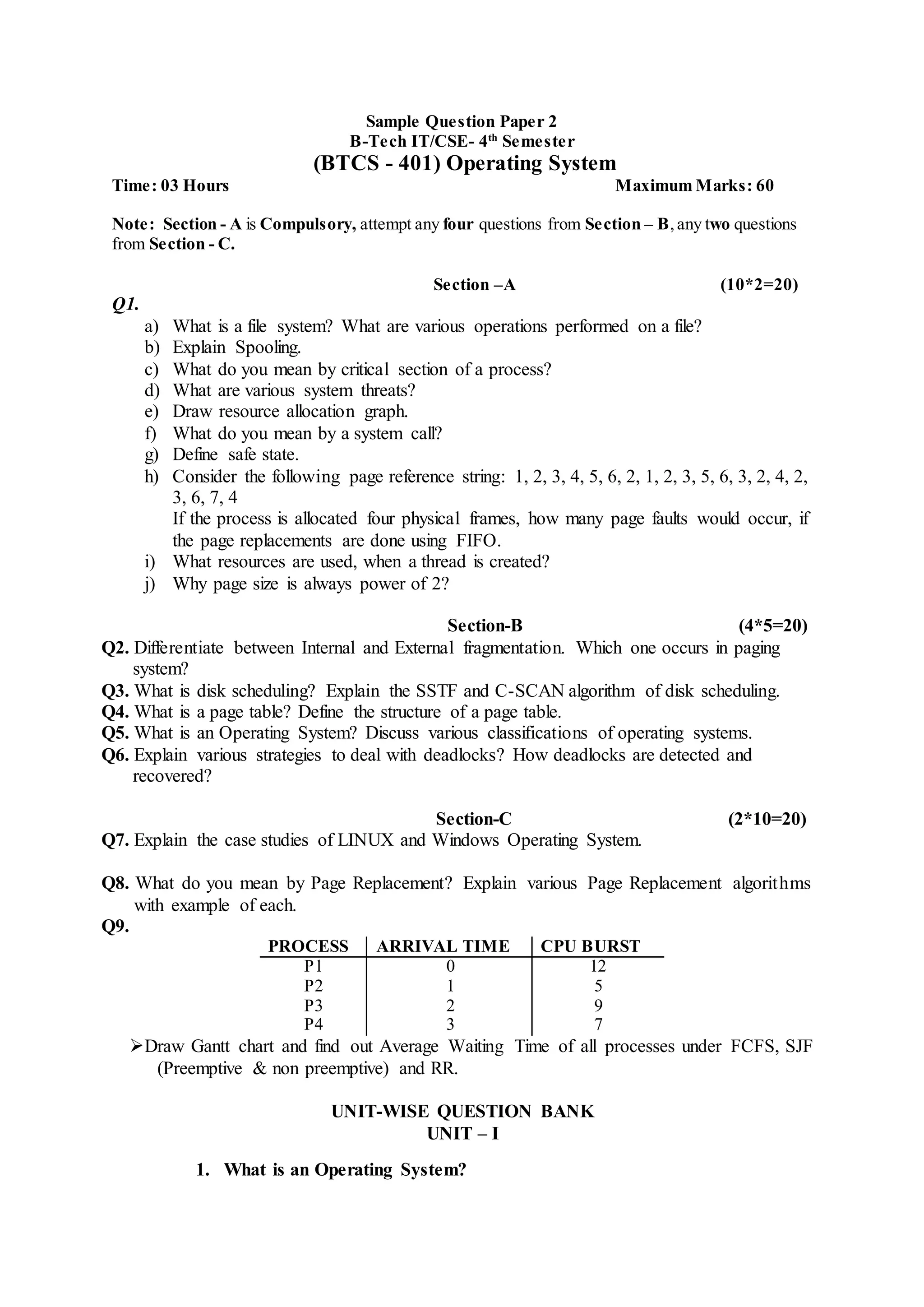 operating system question bank | DOCX