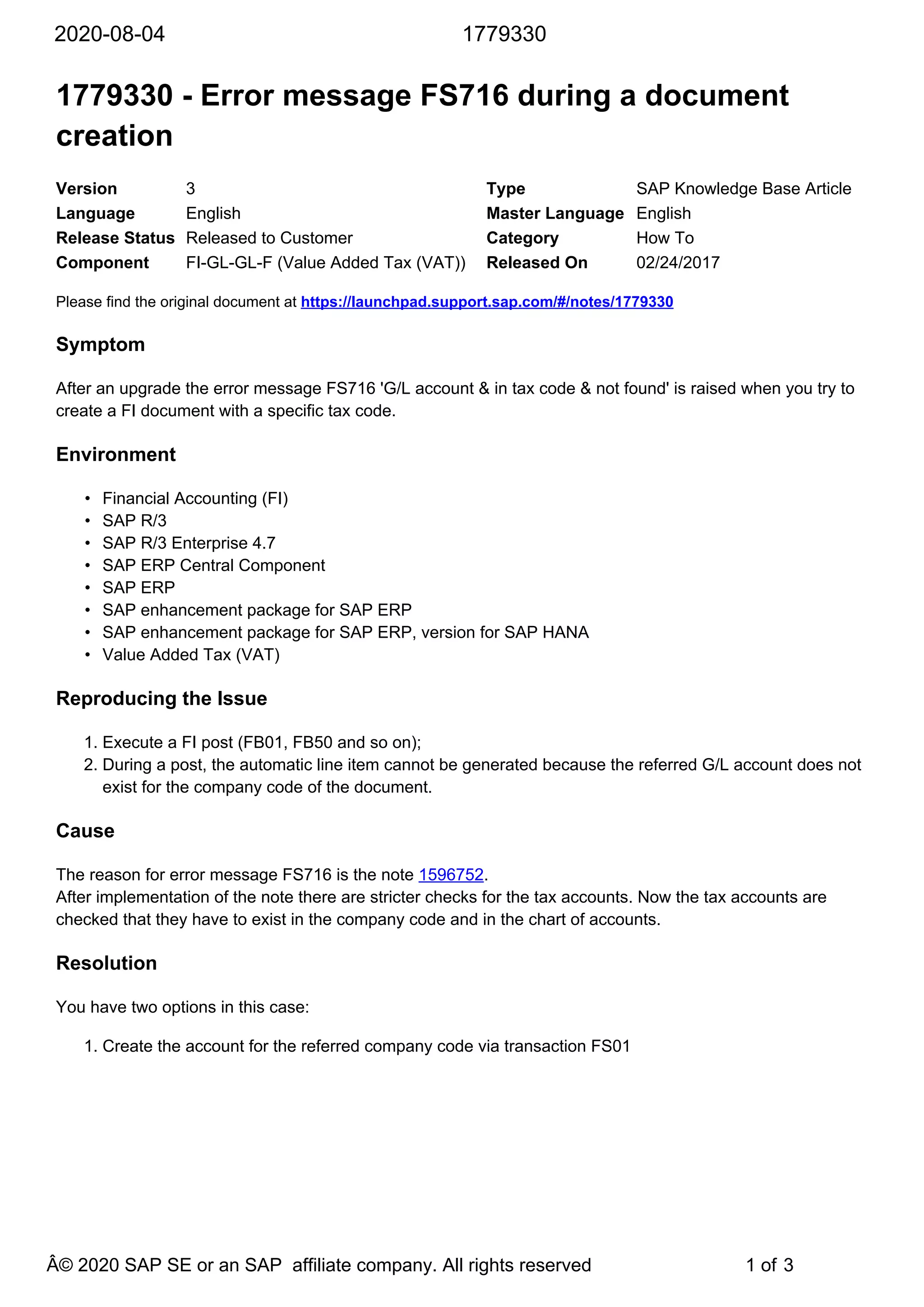Oss note 1779330 - error message fs716 during a document creation | PDF