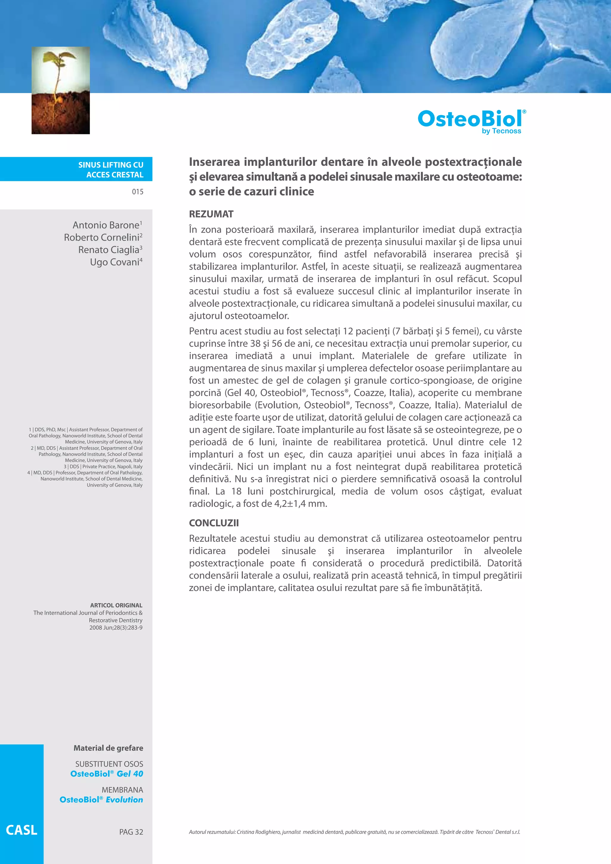 Rezumate stiintifice - Biomateriale OsteoBiol Tecnoss | PDF