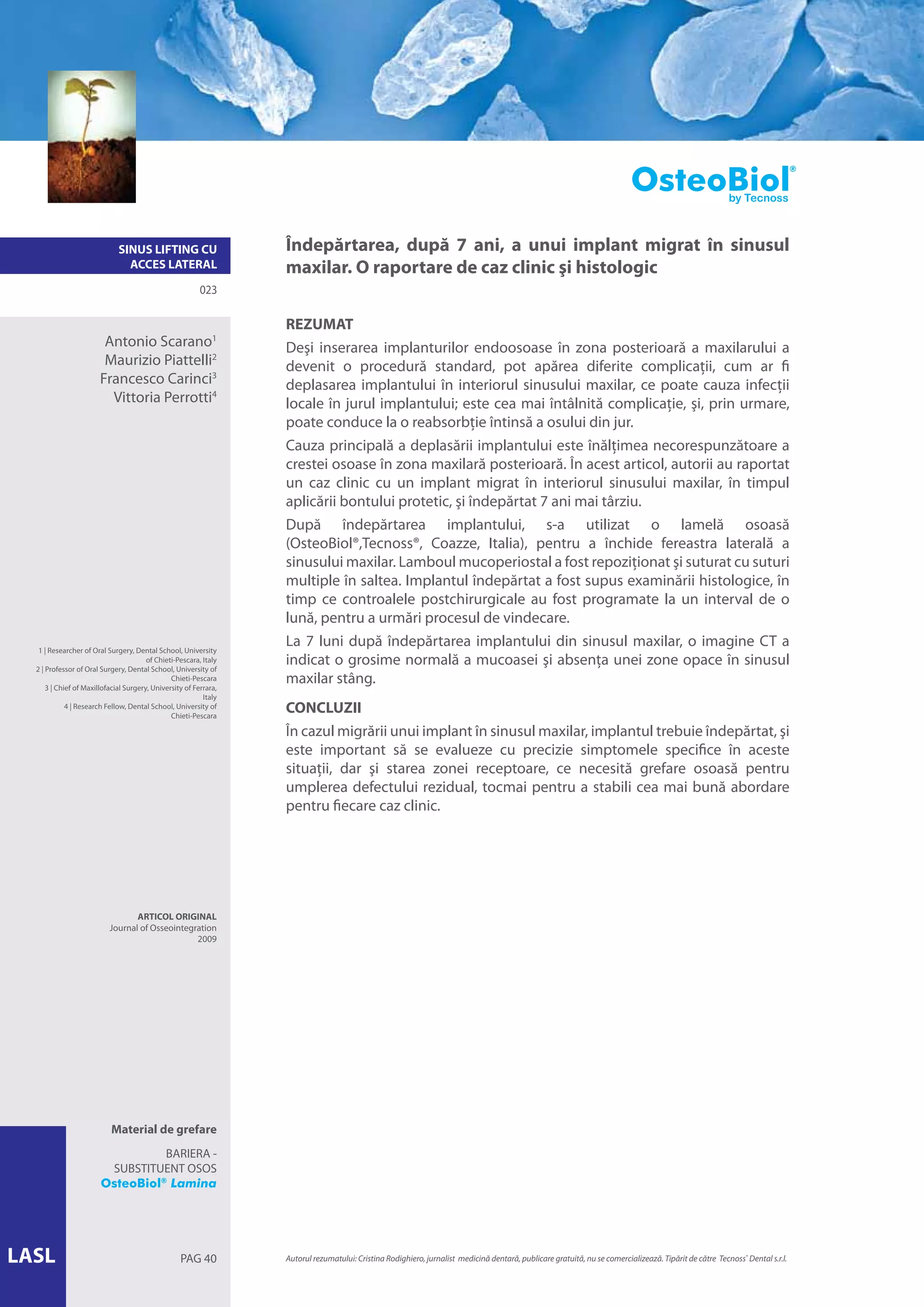 Rezumate stiintifice - Biomateriale OsteoBiol Tecnoss | PDF