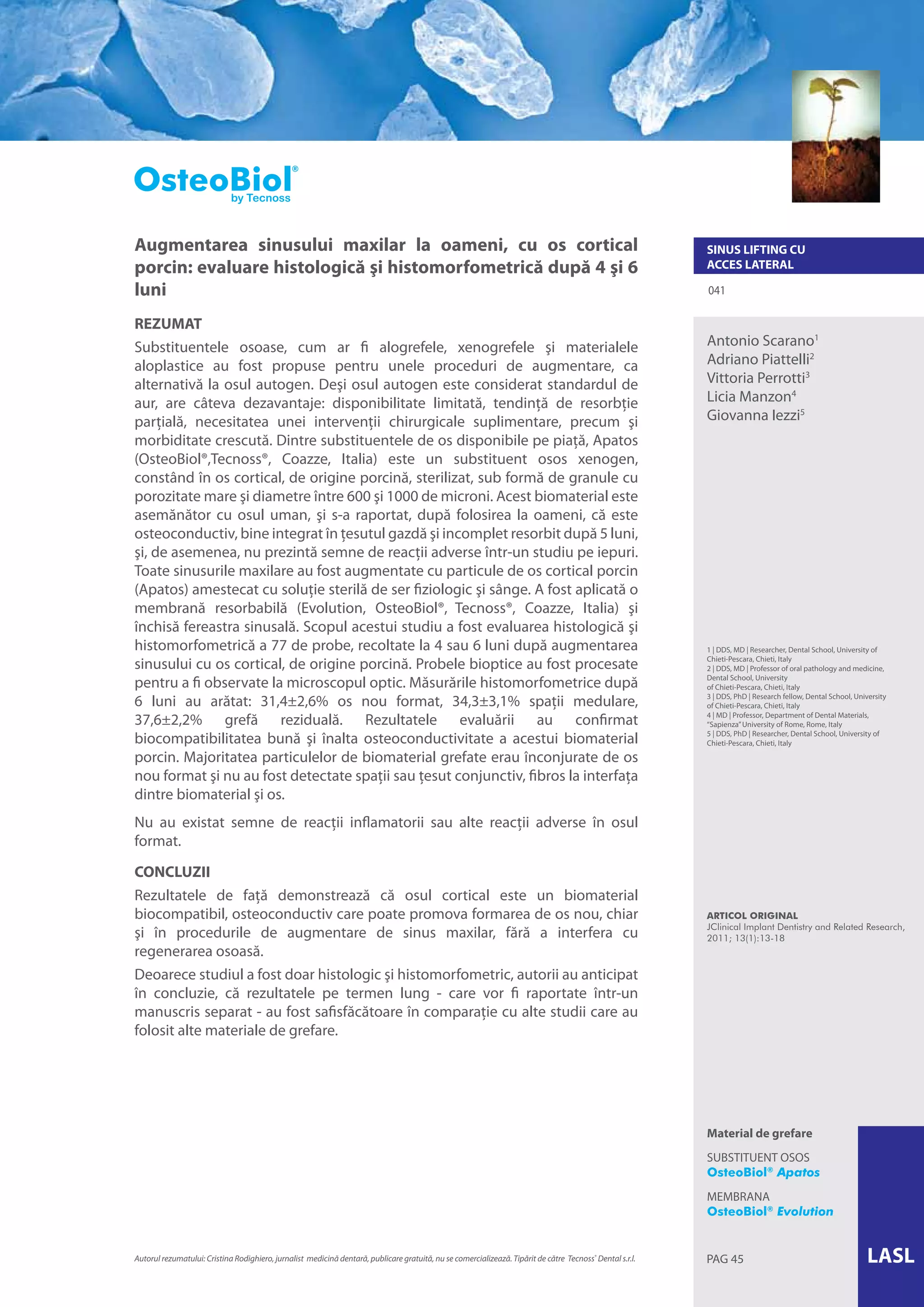 Rezumate stiintifice - Biomateriale OsteoBiol Tecnoss | PDF