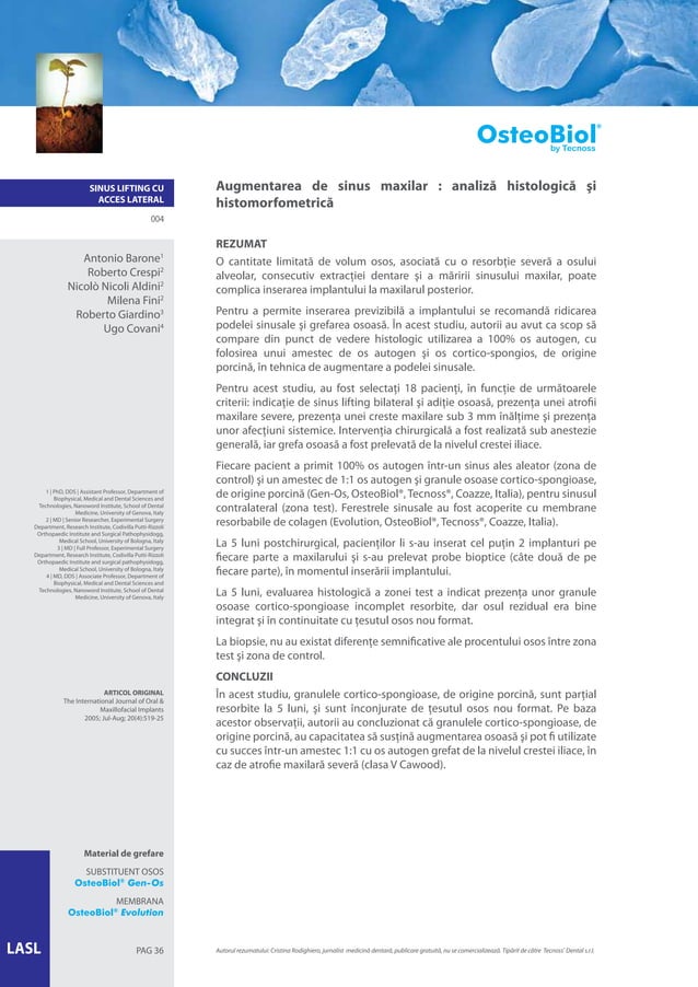 Rezumate stiintifice - Biomateriale OsteoBiol Tecnoss | PDF