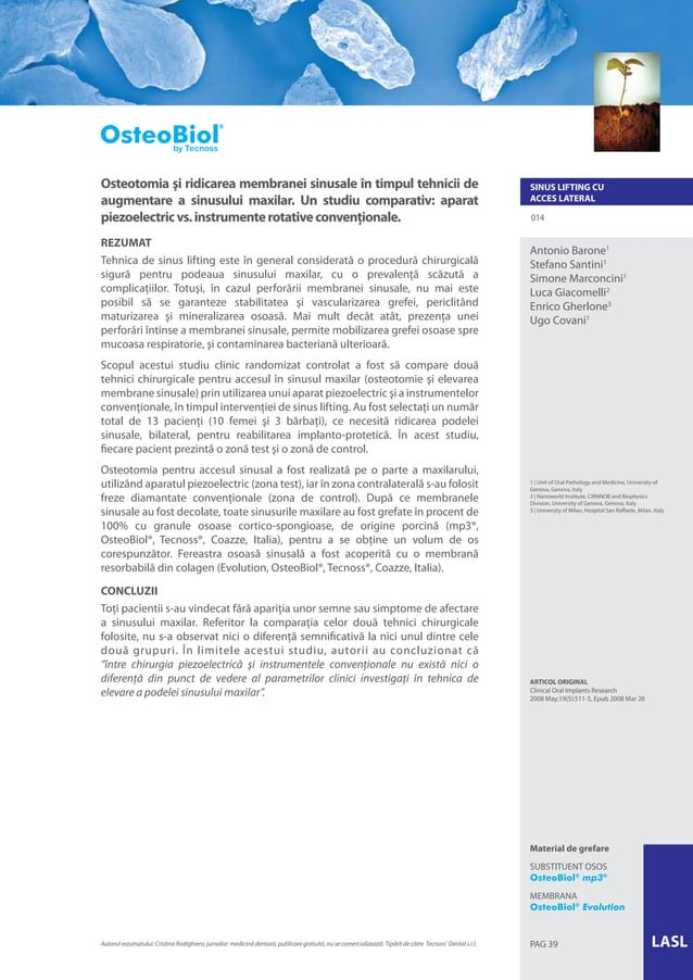 Rezumate stiintifice - Biomateriale OsteoBiol Tecnoss | PDF