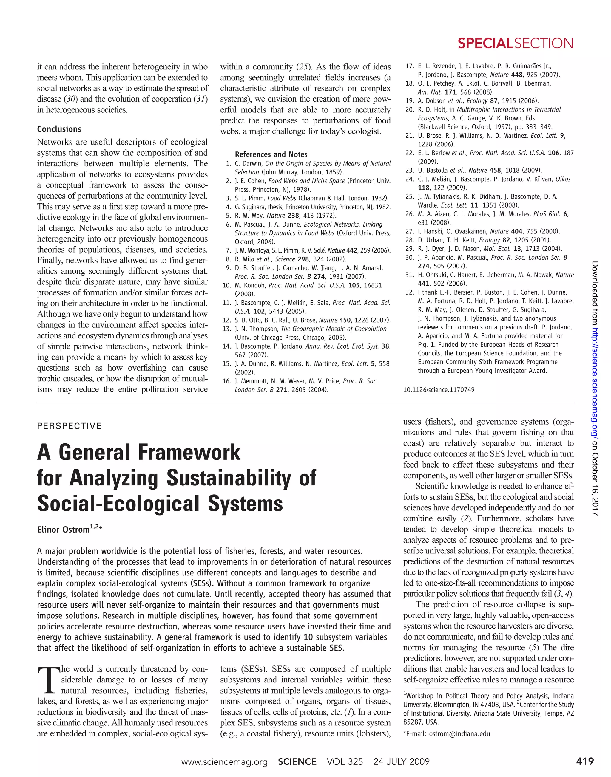 [Ostrom, 2009] a general framework for analyzing sustainability of ...