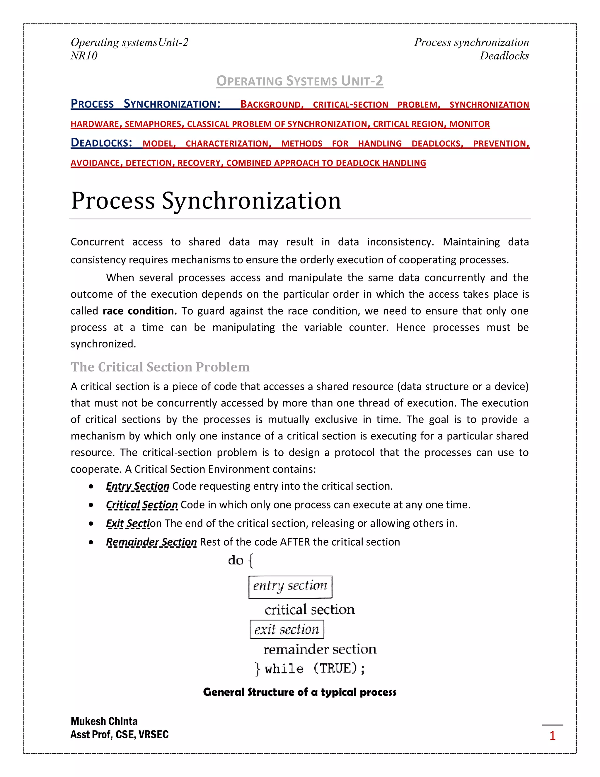 Operating Systems - Process Synchronization and Deadlocks | PDF | Operating Systems | Computer ...