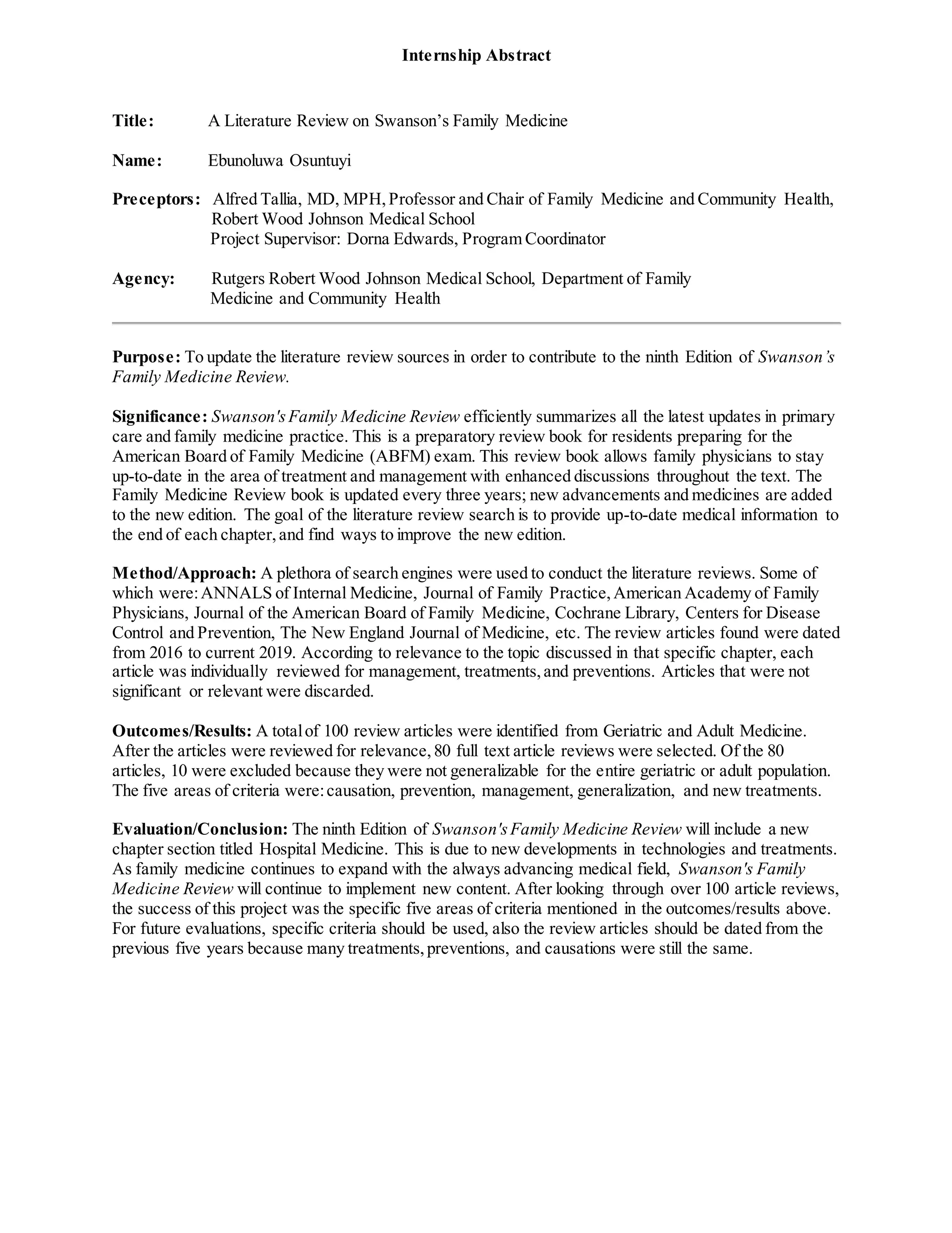 Summer Internship Poster Presentation Abstract | DOCX