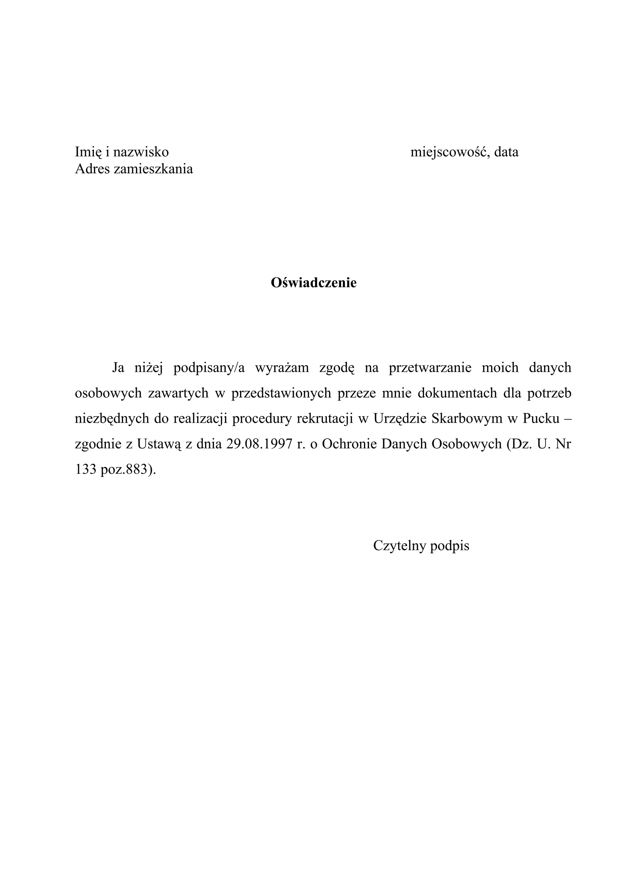 Oswiadczenie o wyrazeniu zgody wzór | DOC