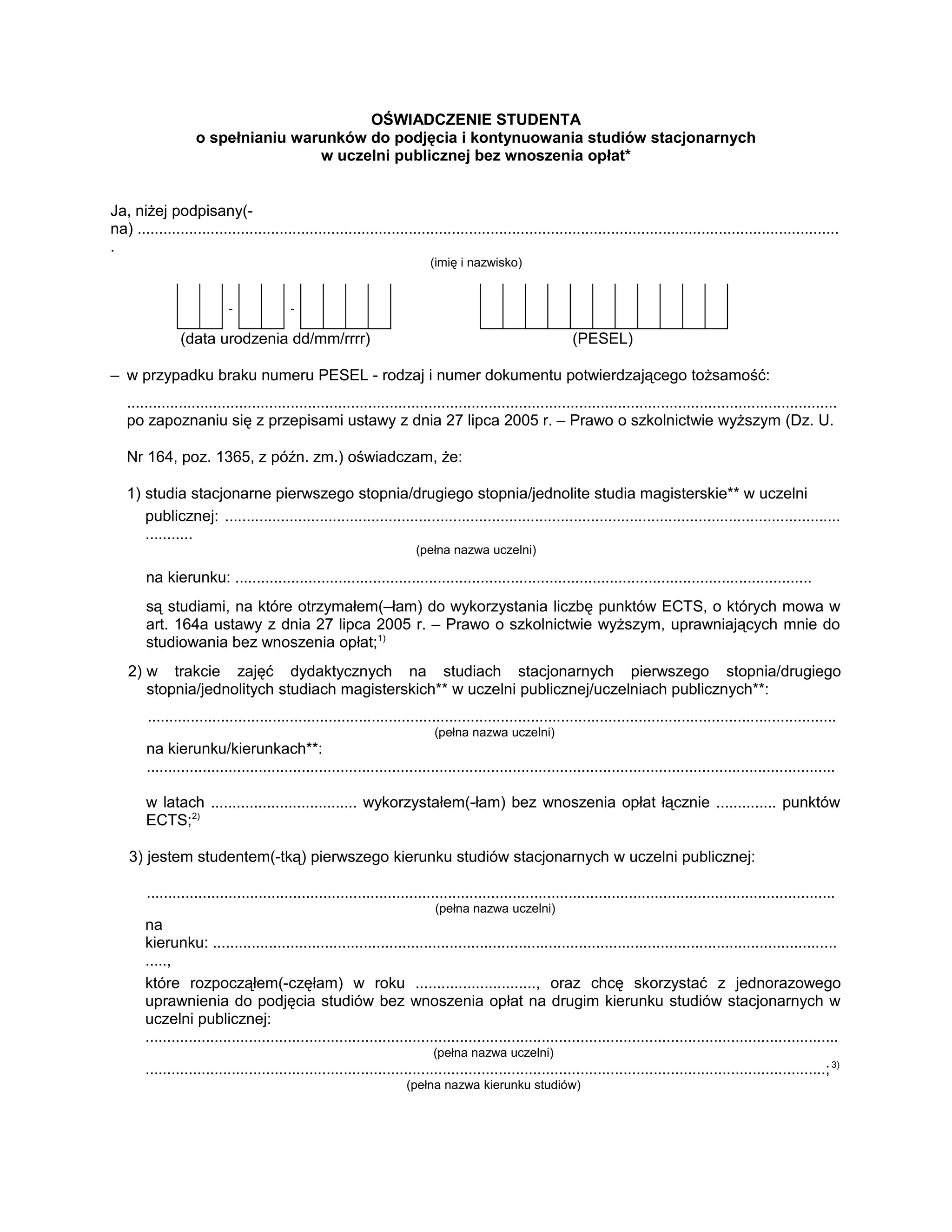 Oswiadczenie studenta 1 | PDF