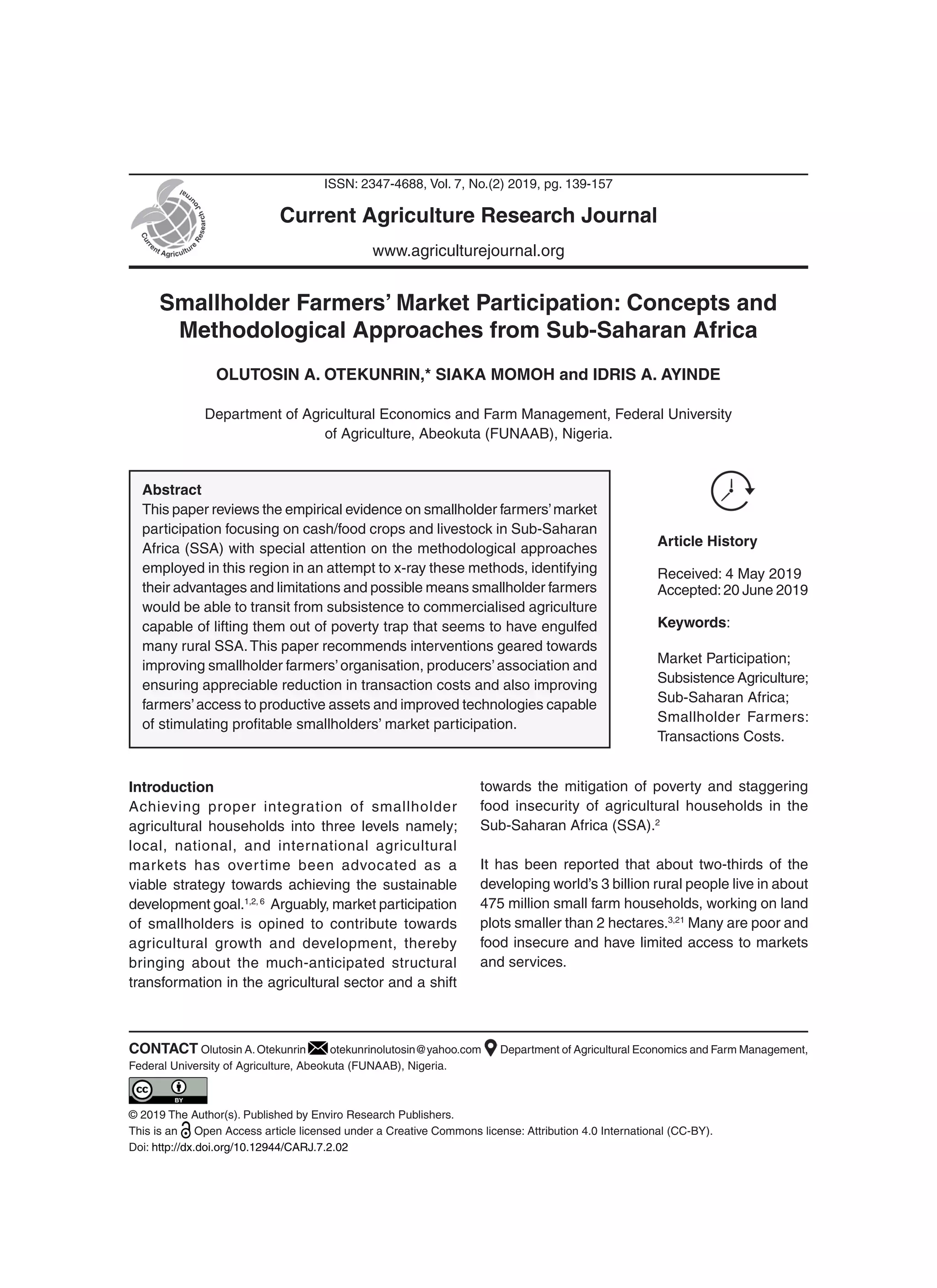 Smallholder Farmers’ Market Participation: Concepts and Methodological ...