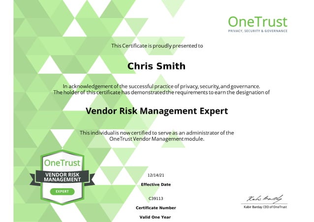 OneTrust Expert Vendor Risk Management Certification | PDF