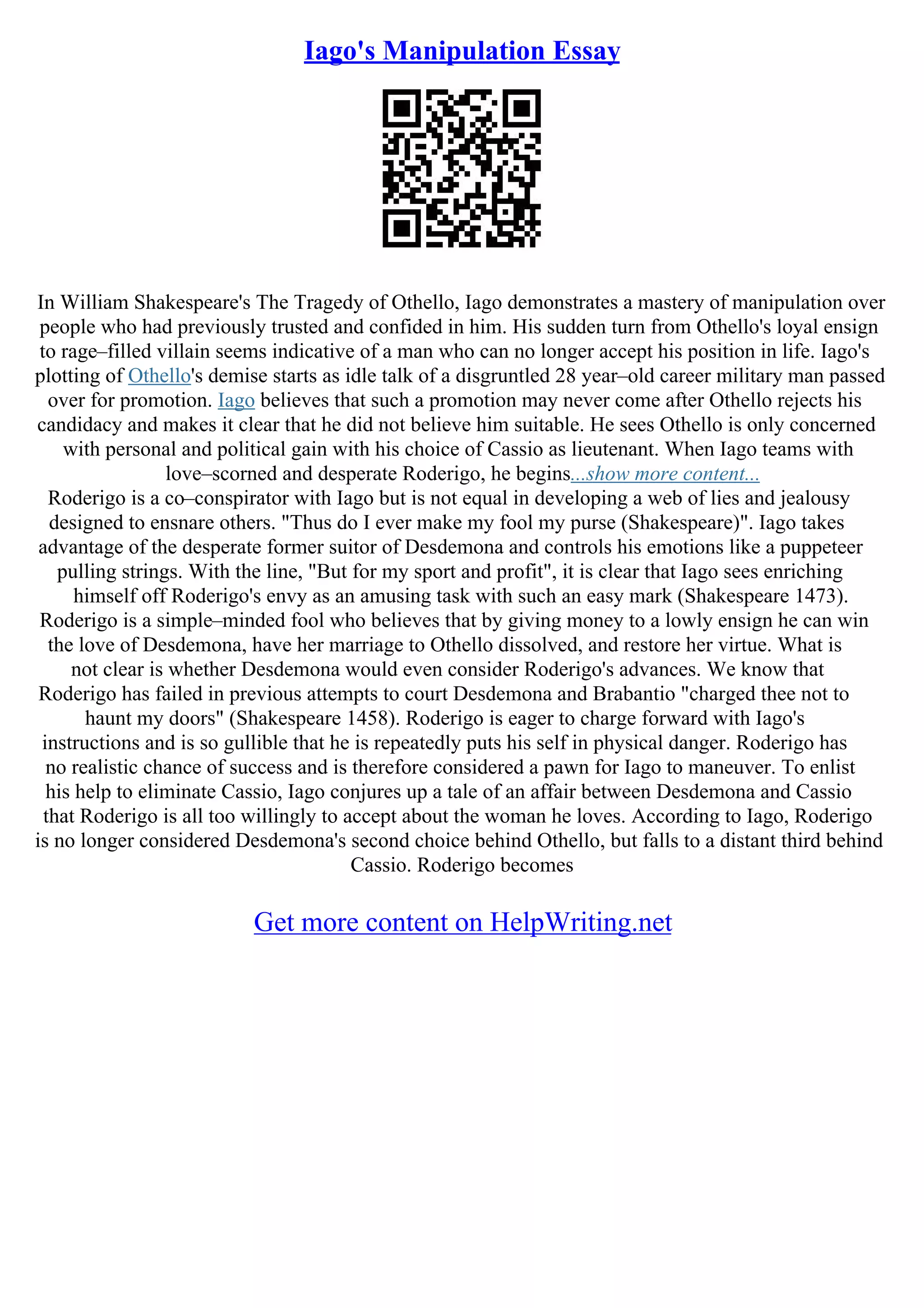 Othello Essay Introduction | PDF