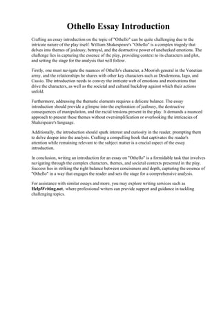 Othello Essay Introduction. A level Othello Example Essay Teaching ...