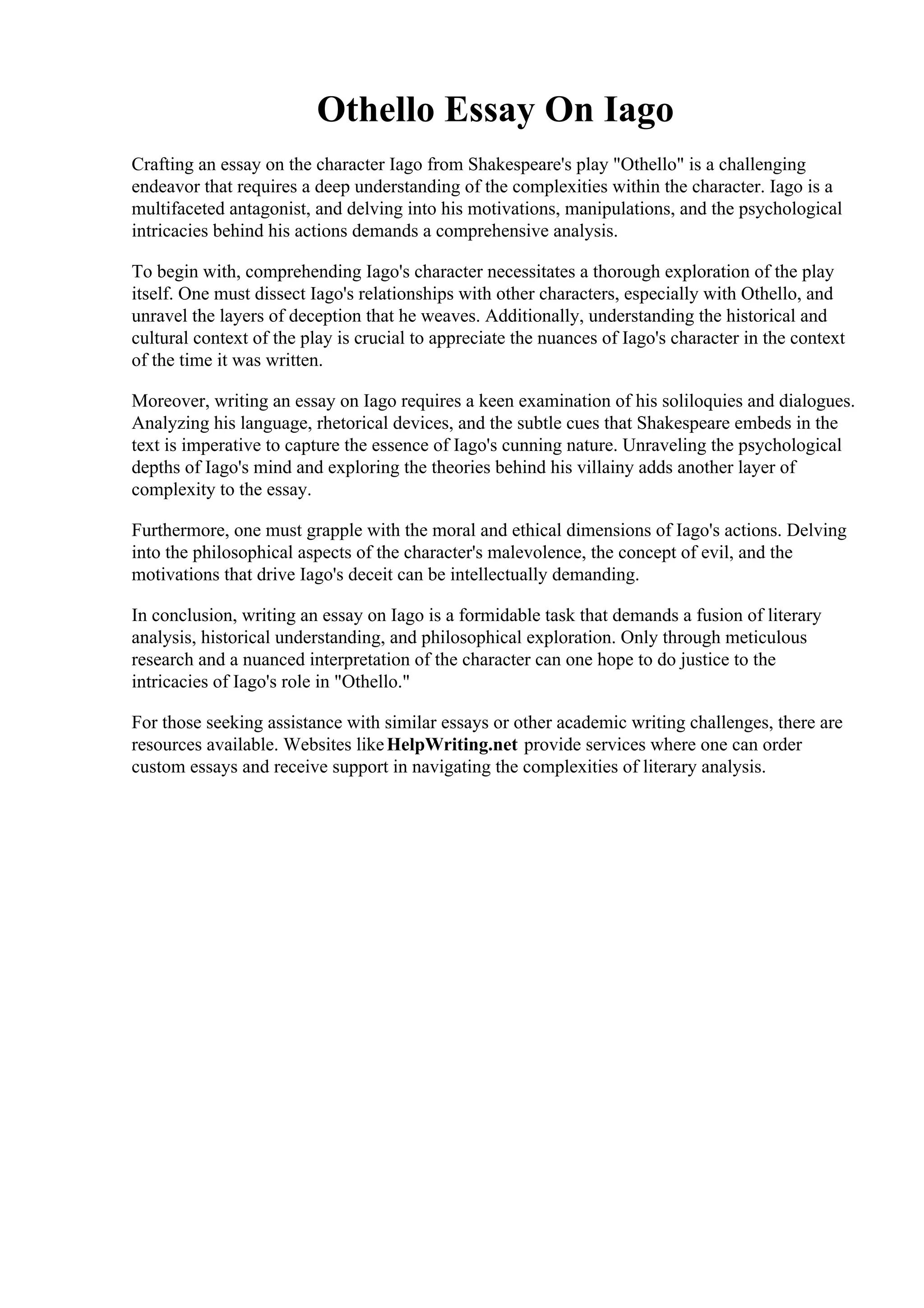 Othello Essay On Iago. How does Iago manipulate Othello? Free Essay Example | PDF