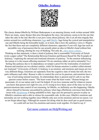 Othello Essays On Jealousy | PDF