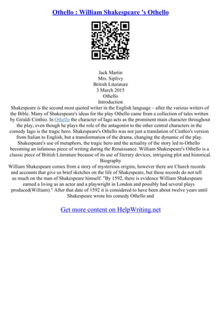 Othello Literary Essay | PDF
