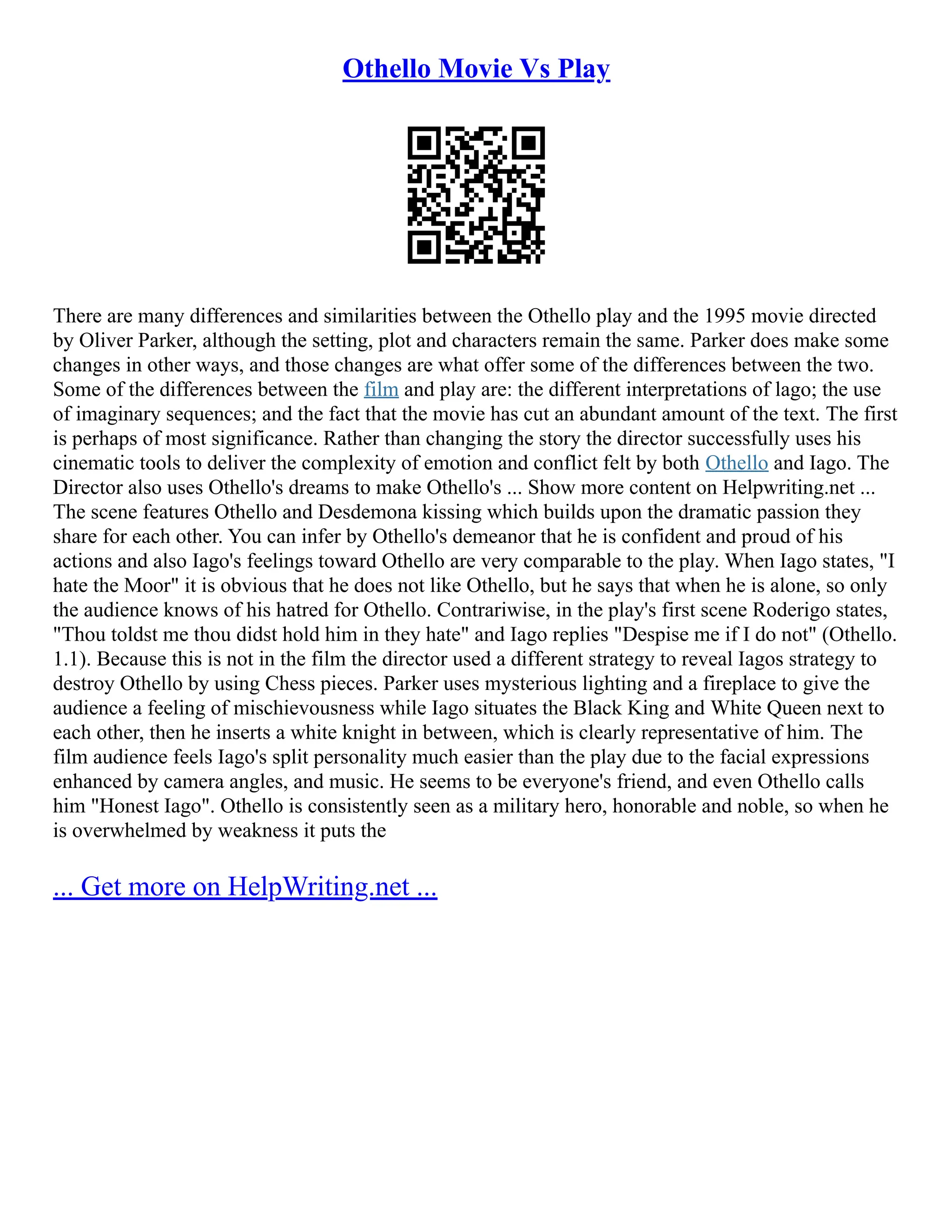 Othello Movie Vs Play | PDF