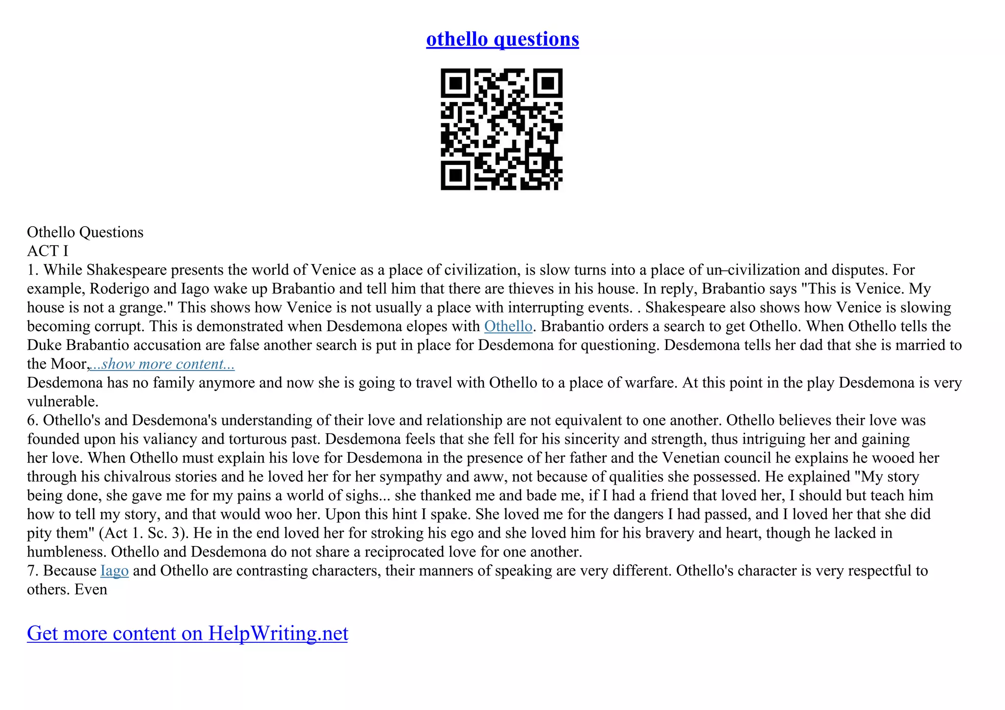 Othello Questions | PDF