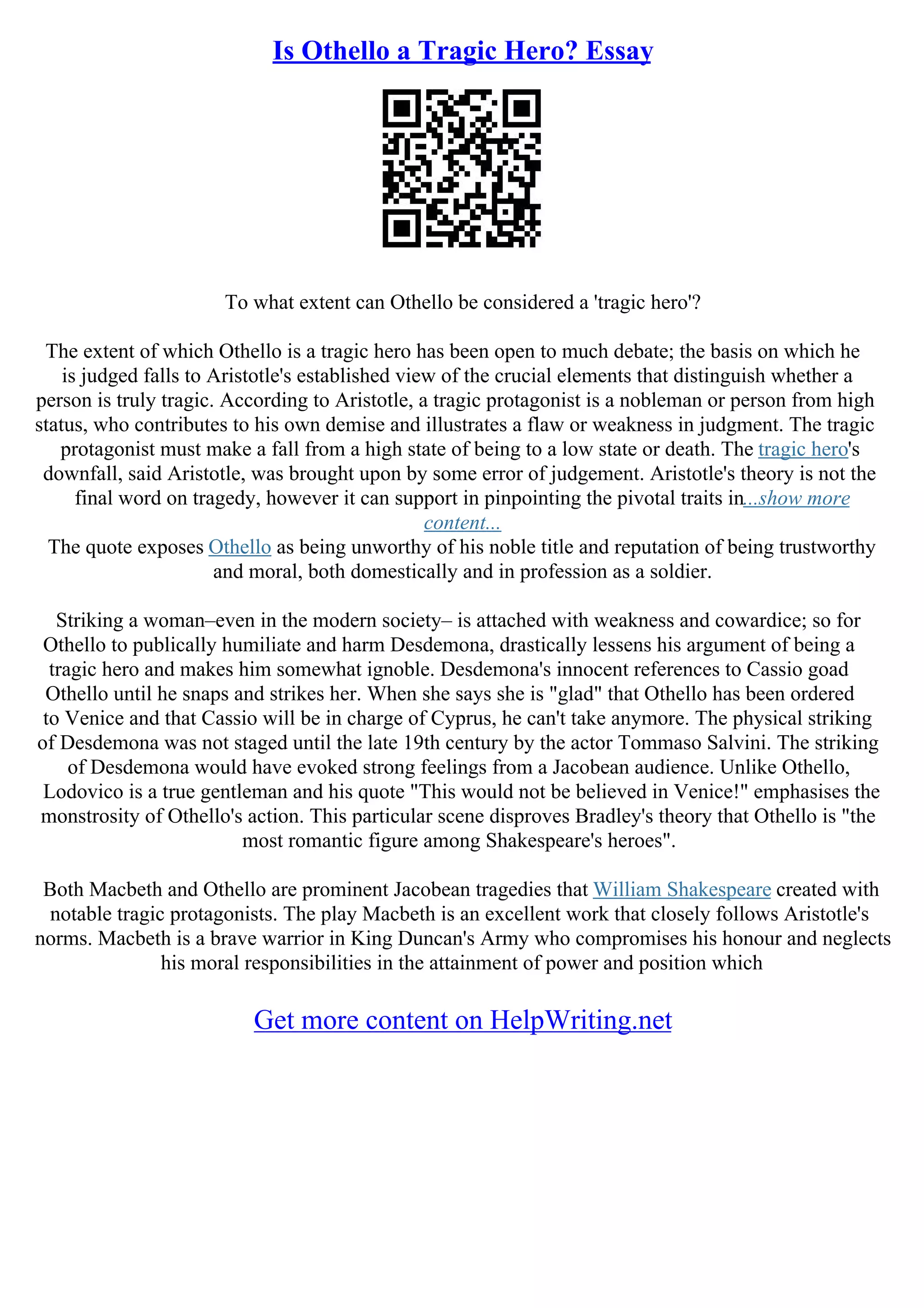 Othello Tragic Hero Essay | PDF