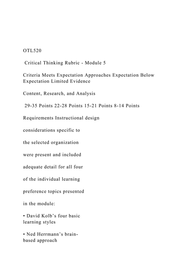 OTL520 Critical Thinking Rubric - Module 5 Criteria .docx | Workshops and Classes | Hobbies ...