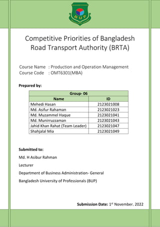 Competitive Priorities of Bangladesh Road Transport Authority (BRTA) | PDF