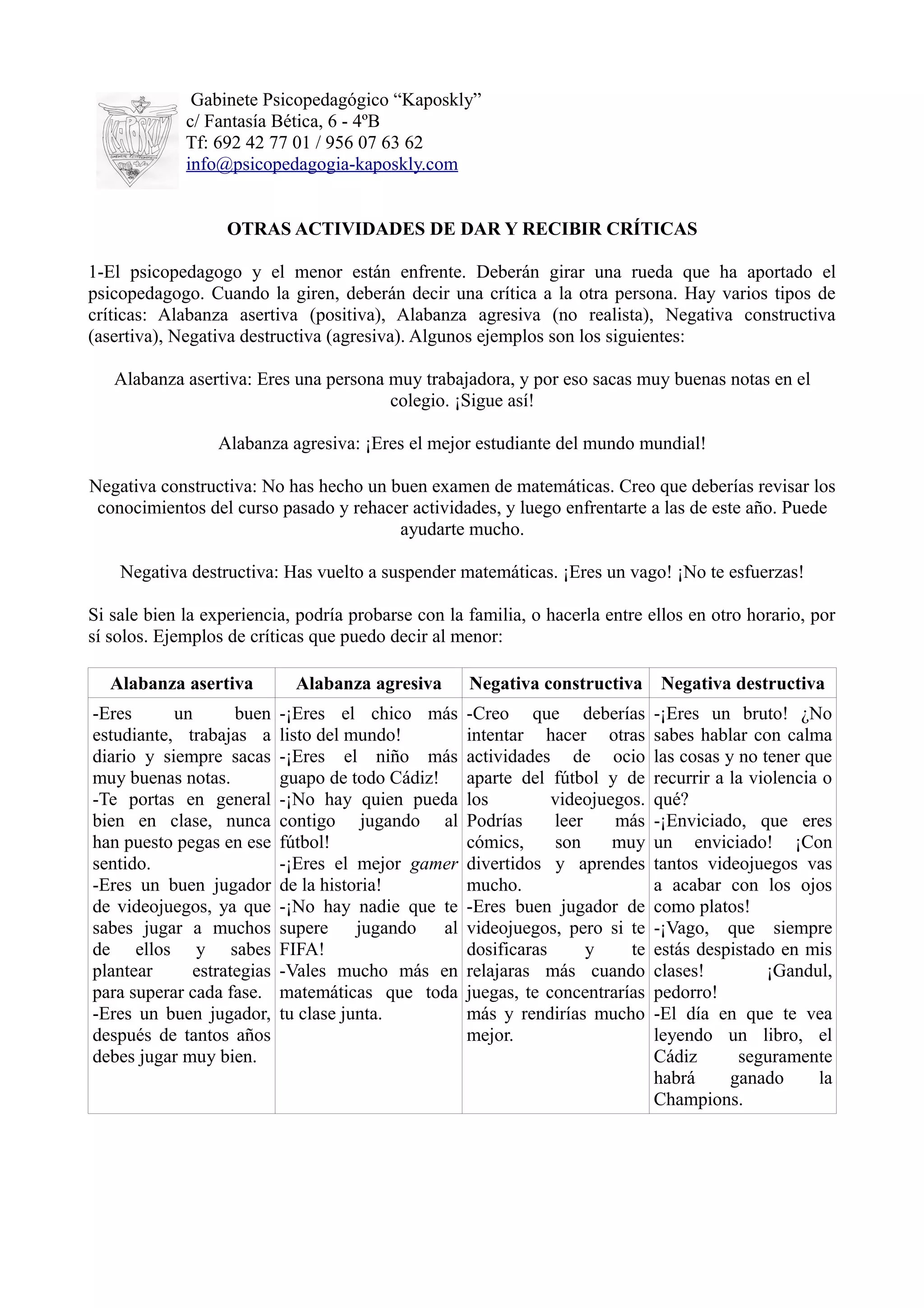 Nuevas actividades para aprender a decir críticas y responder ante ellas | ODT
