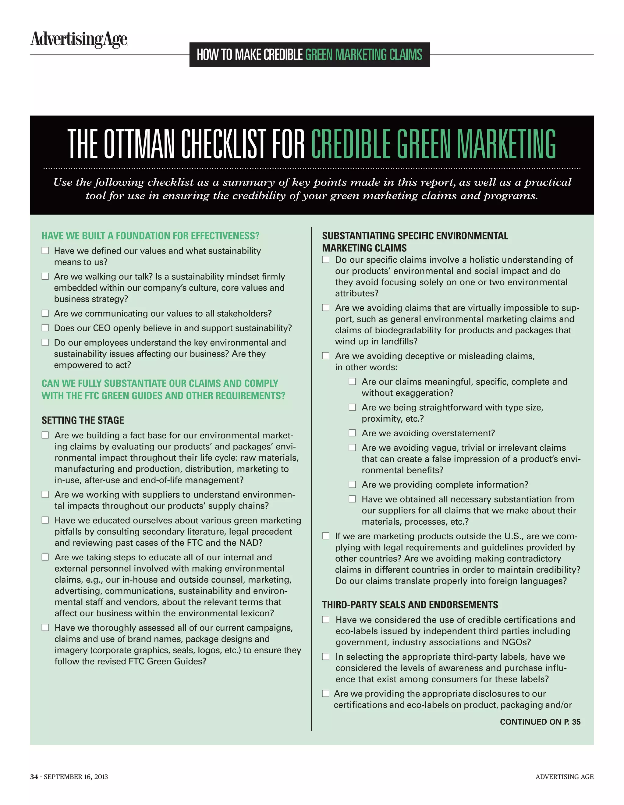 Ottman Check List For Credible Green Marketing Claims | PDF