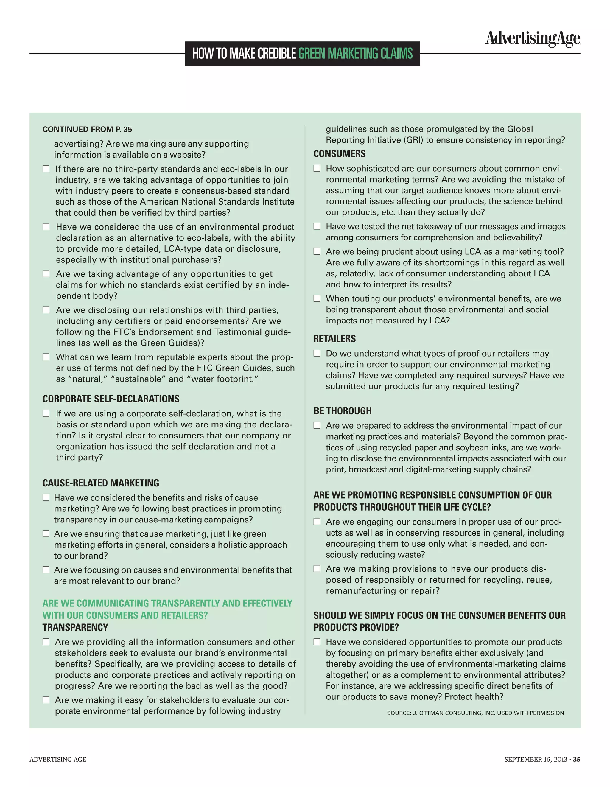 Ottman Check List For Credible Green Marketing Claims | PDF