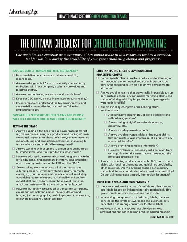 Ottman Check List For Credible Green Marketing Claims | PDF
