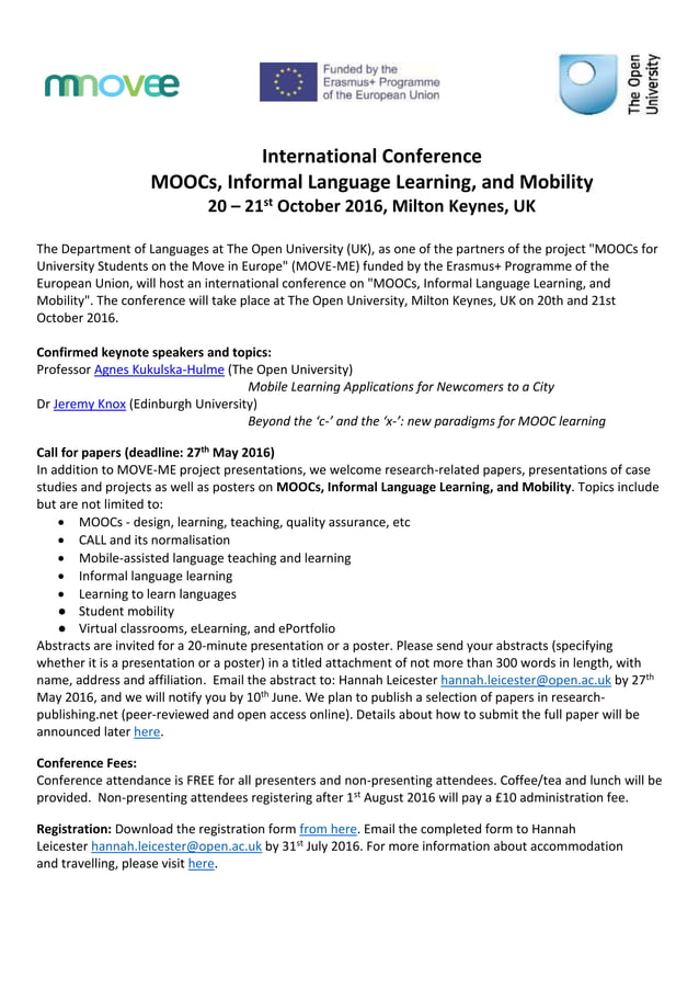 Call for Papers: MOOCs, Informal Language Learning and Mobility | PDF