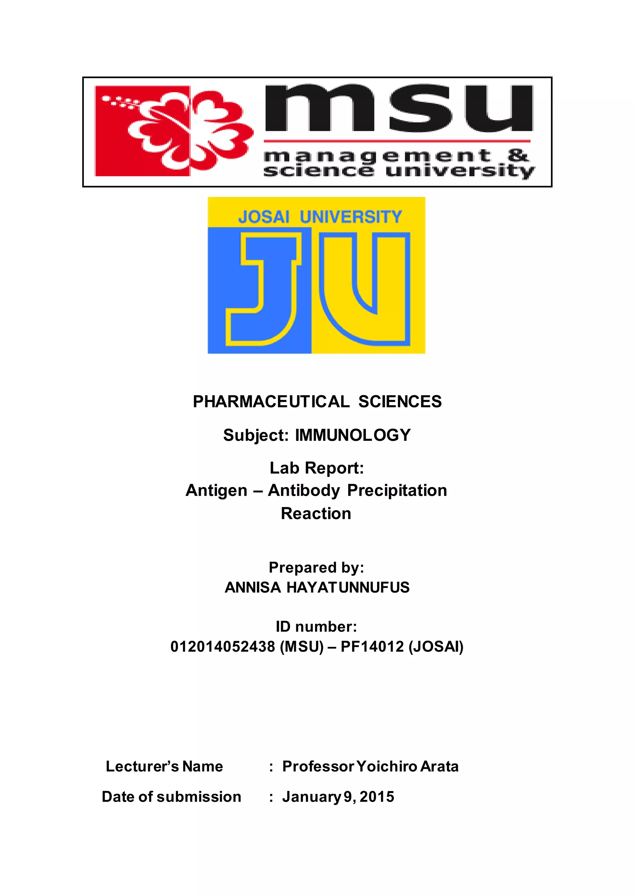 [IMMUNOLOGY LAB REPORT] Antigen - Antibody Precipitation Reaction | DOCX