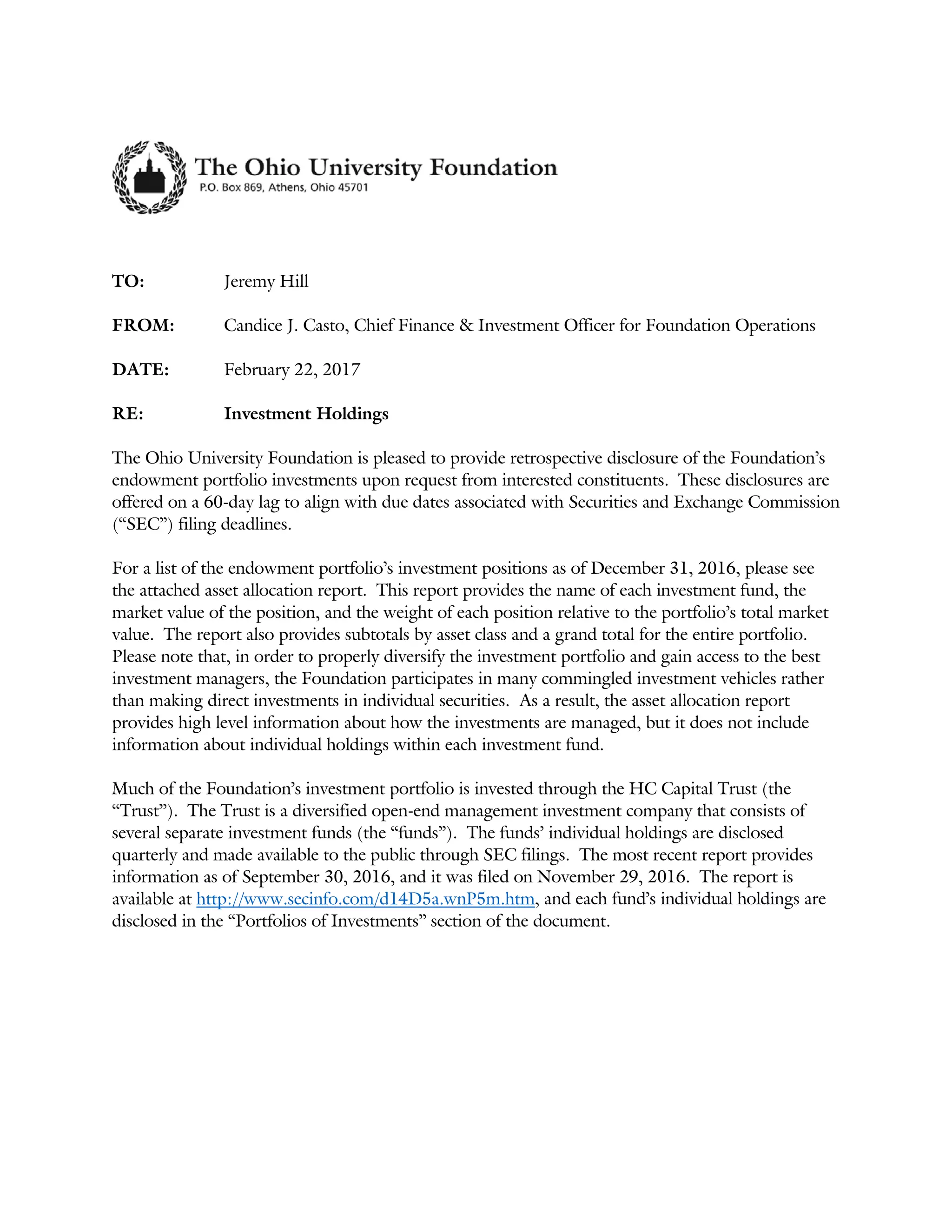 Ohio University Investment Disclosure | PDF