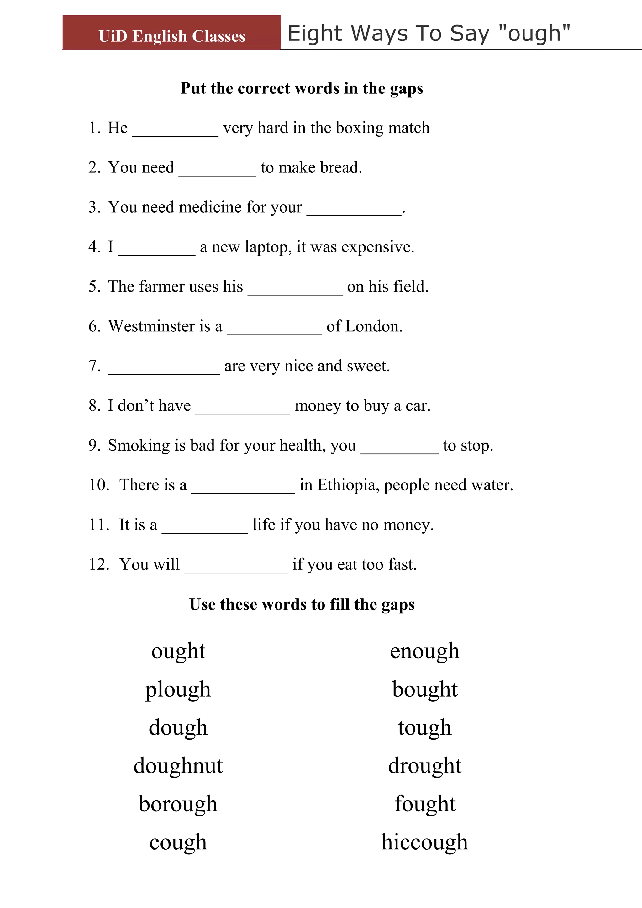 8 ways to say 'ough' worksheets | DOCX