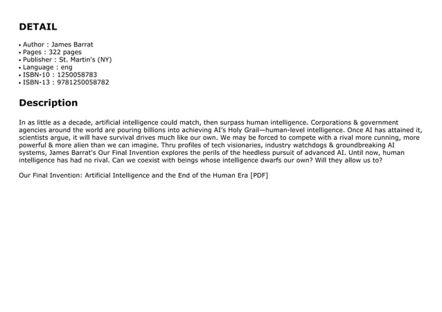 Our Final Invention: Artificial Intelligence and the End of the Human ...