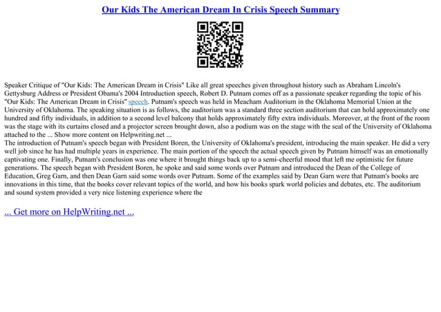 Our Kids The American Dream In Crisis Speech Summary | PPT