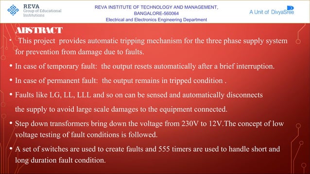 ppt of Three phase fault analysis with auto reset for temporary fault and trip for permanent ...