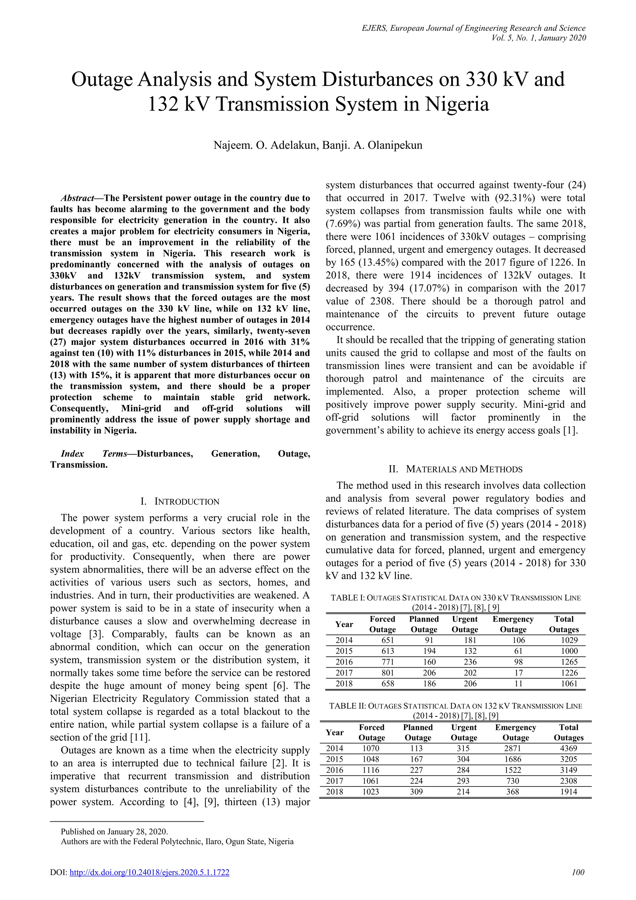 Outage analysis and system disturbances on 330k v and 132kv ...
