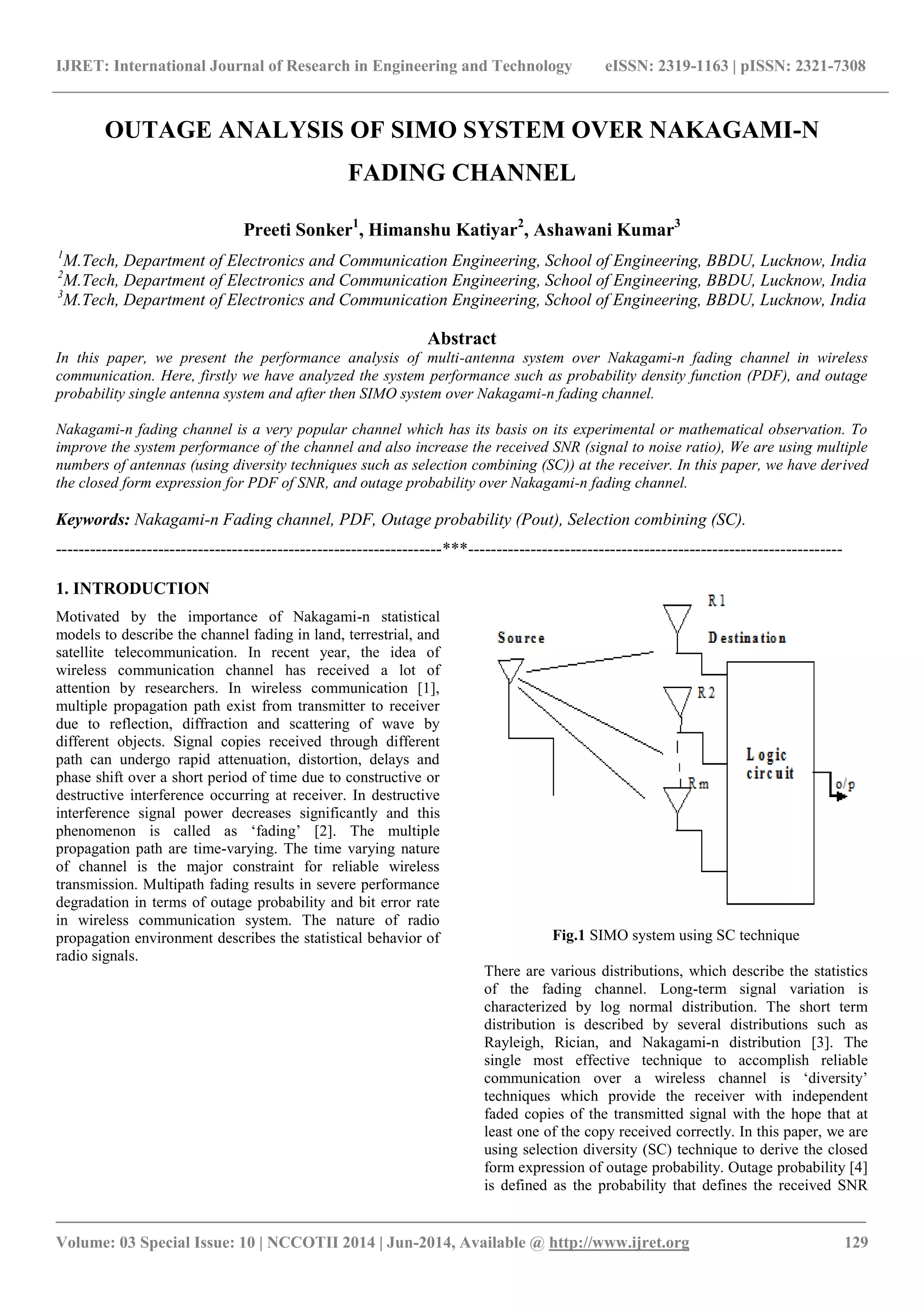 Outage analysis of simo system over nakagami n fading channel | PDF