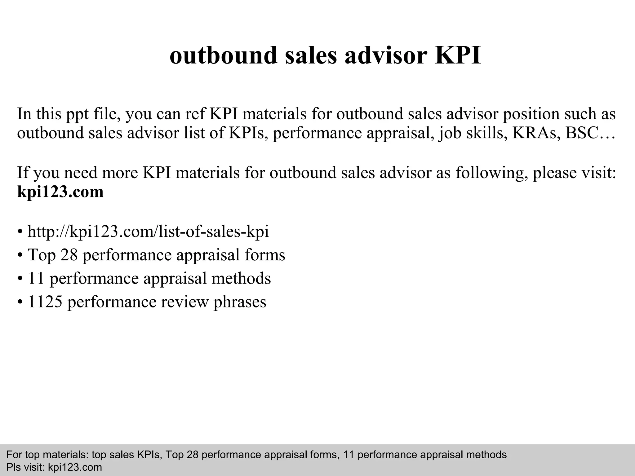 Outbound sales advisor kpi | PPT
